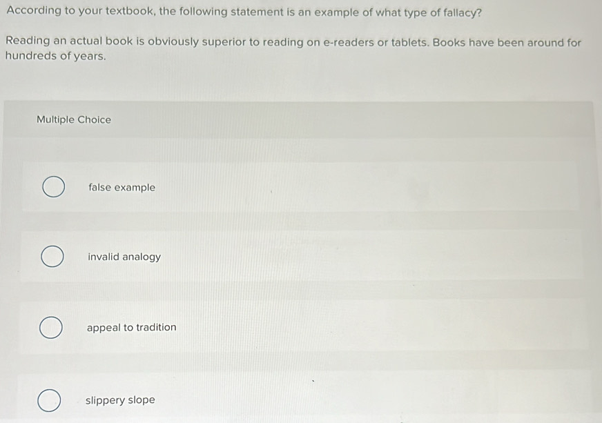 According to your textbook, the following statement is an example of ...