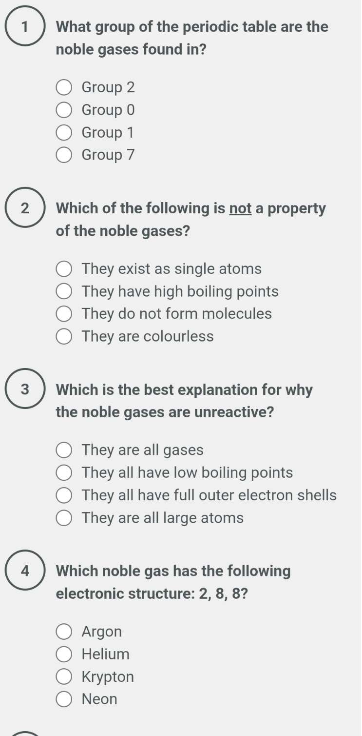 Solved: 1 ) What group of the periodic table are the noble gases found ...