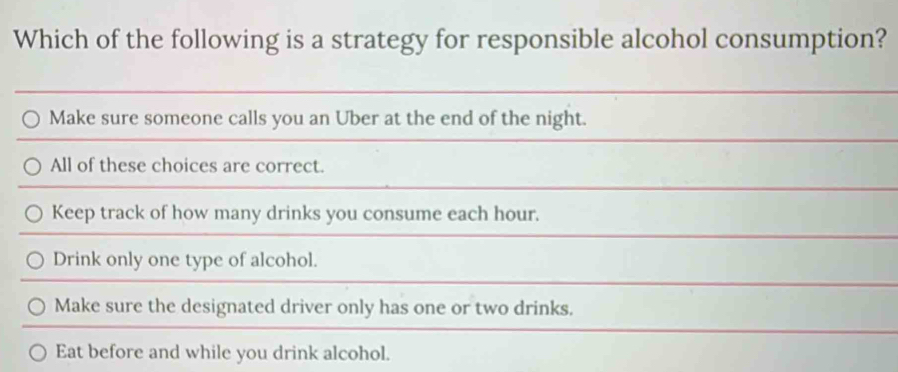 Solved: Which of the following is a strategy for responsible alcohol ...