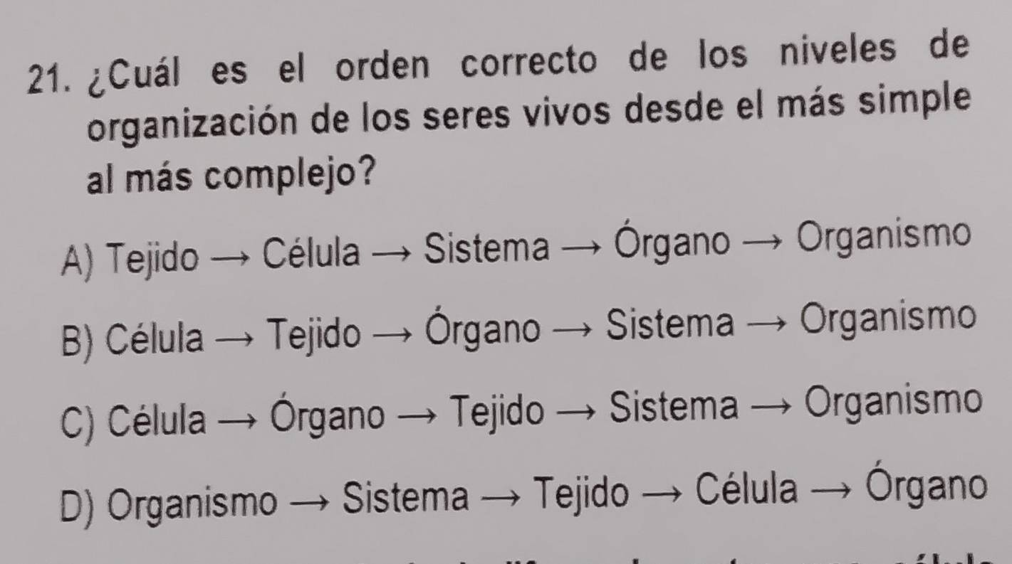 Resuelto:¿Cuál es el orden correcto de los niveles de organización de los seres vivos desde el más
