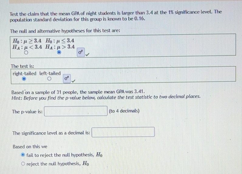 Solved: Test the claim that the mean GPA of night students is larger ...