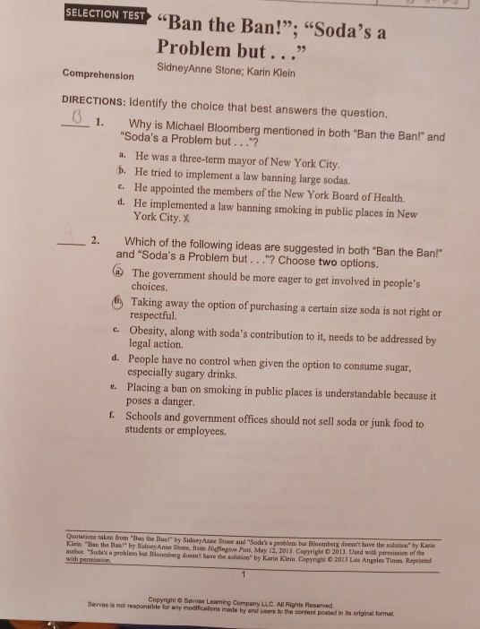 Solved: SELECTION TEST “Ban the Ban!”; “Soda’s a Problem but ...