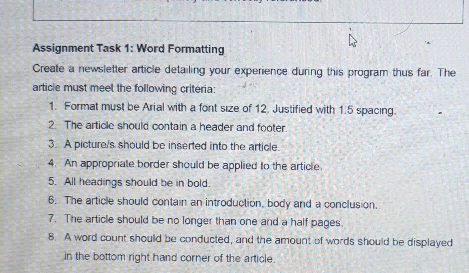 Solved: Assignment Task 1: Word Formatting Create a newsletter article ...