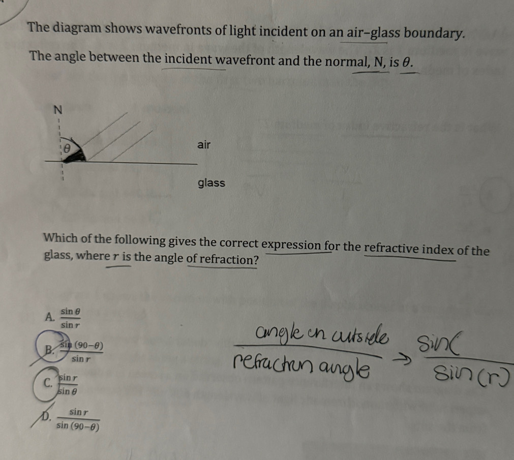 Solved: The diagram shows wavefronts of light incident on an air-glass ...