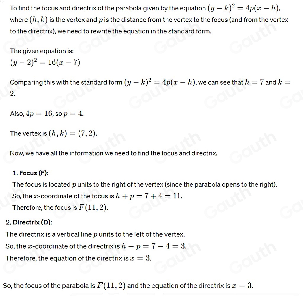 Solved: Find the focus and directrix of the following parabola: (y-2)^2 ...