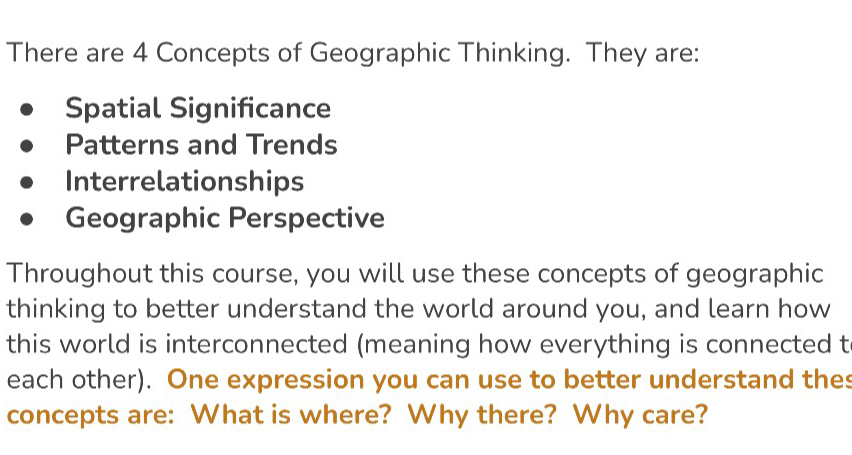 Solved: There are 4 Concepts of Geographic Thinking. They are: Spatial ...