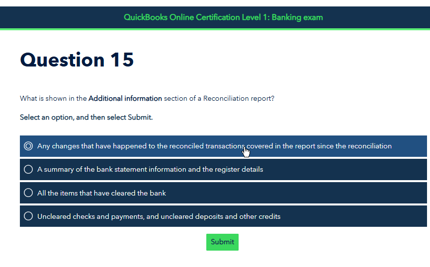 Solved: QuickBooks Online Certification Level 1: Banking exam Question ...