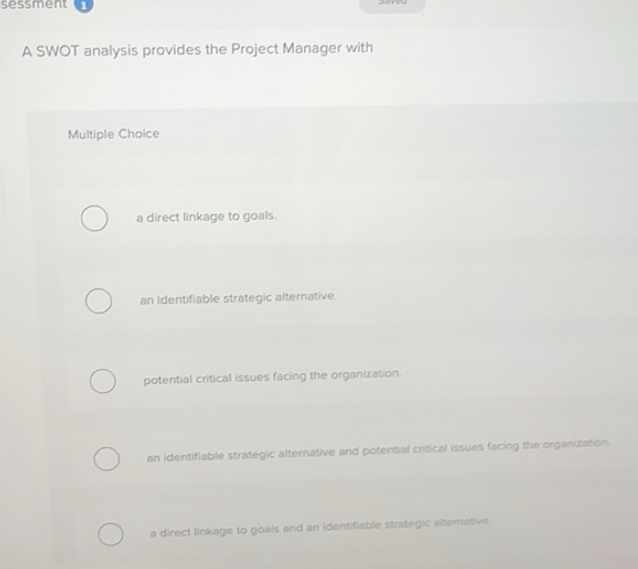 Solved: sessment 1 A SWOT analysis provides the Project Manager with ...