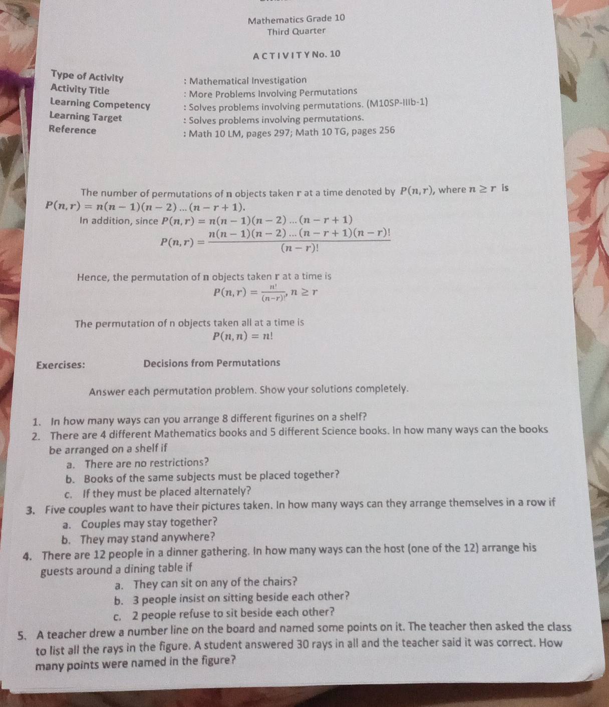 Solved: Mathematics Grade 10 Third Quarter A C T I V I T Y No. 10 Type ...