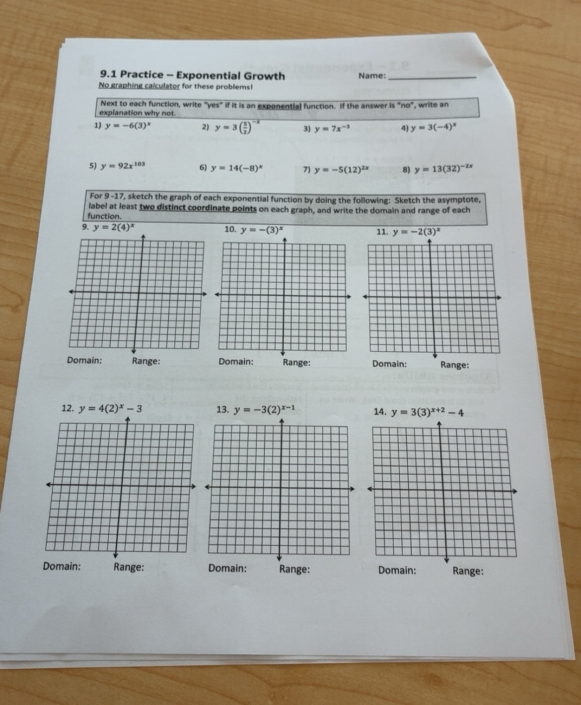 Gelöst:9.1 Practice - Exponential Growth Name:_ No graphing calculator ...
