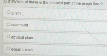 Solved: [0.01]Which of these is the deepest part of the ocean floor ...