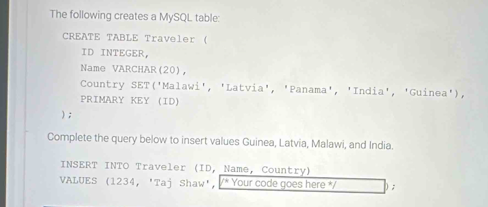 Solved: The following creates a MySQL table: CREATE TABLE Traveler ( ID ...