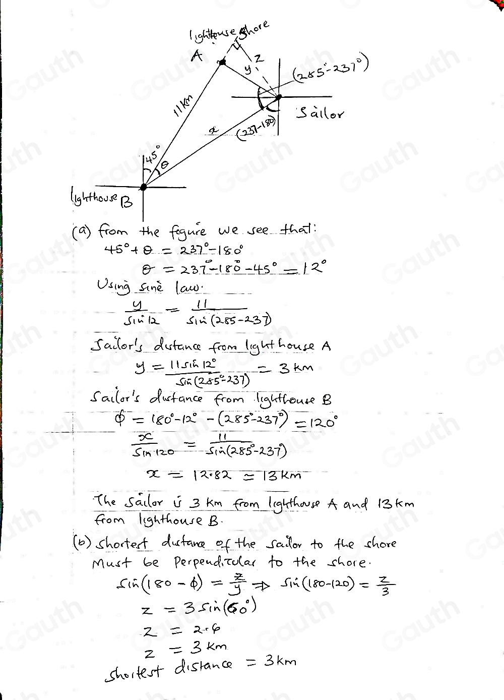 Solved: A sailor out in a lake sees two lighthouses 11 km apart along ...