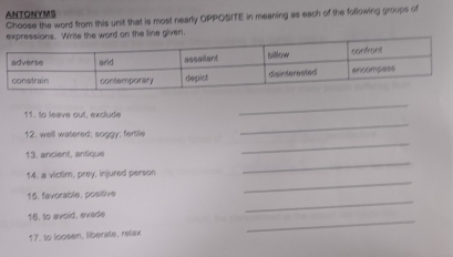 Solved: ANTONYMS Choose the word from this unit that is most nearly ...