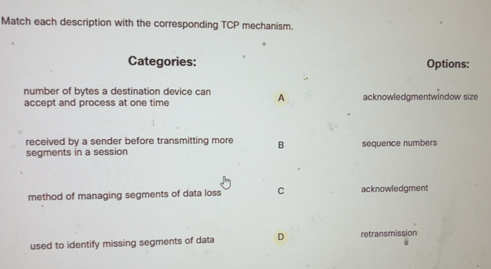 Solved: Match each description with the corresponding TCP mechanism ...