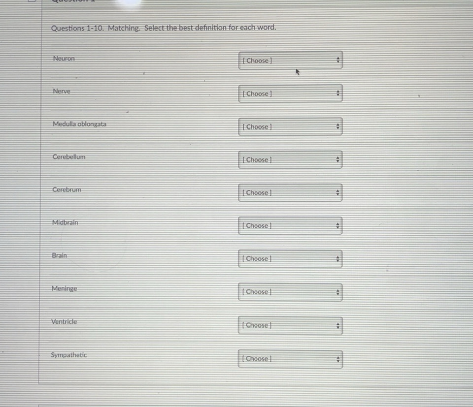 Solved: Questions 1-10. Matching. Select the best defnition for each ...