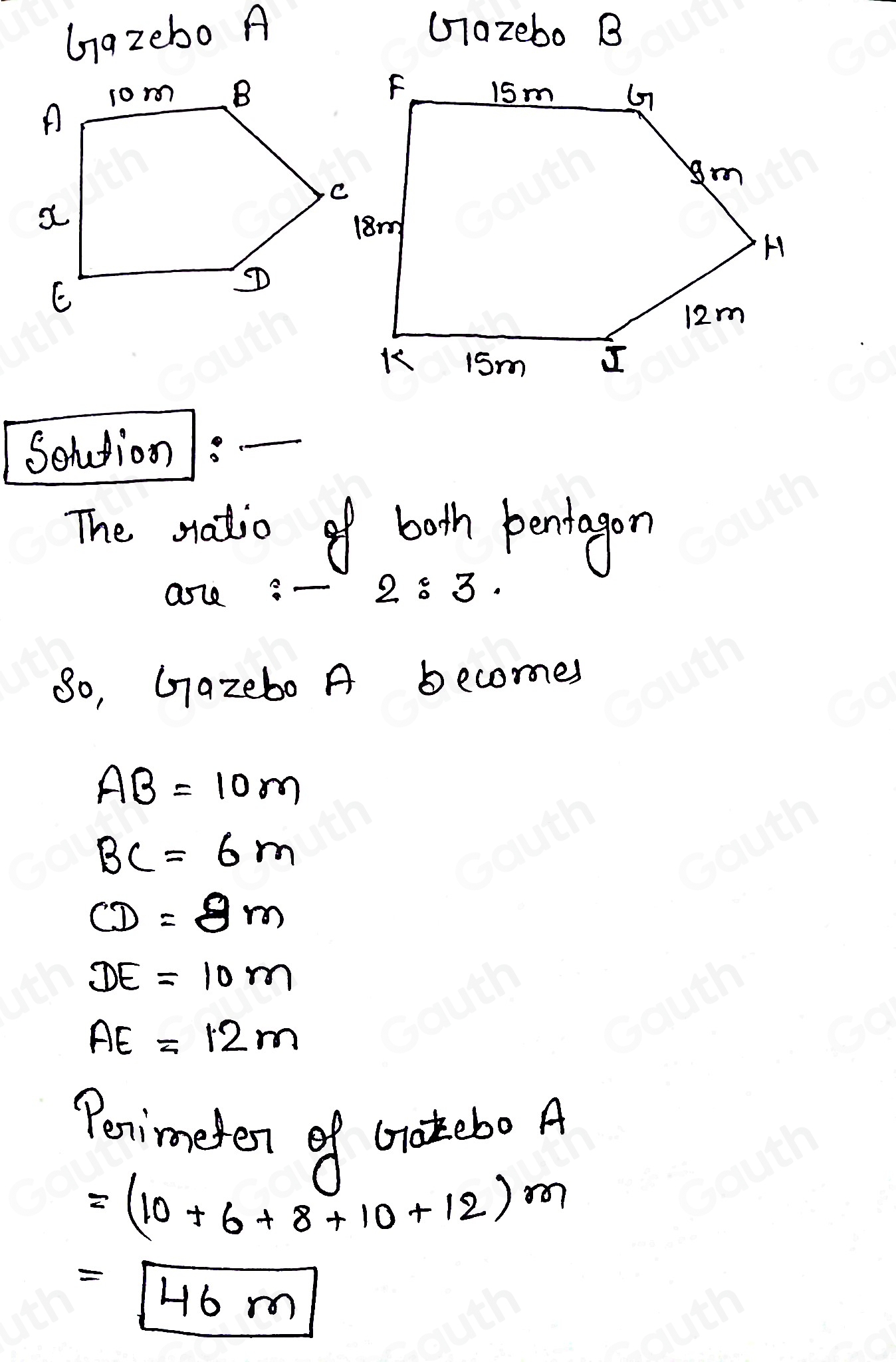 Solved: The two gazebos shown are similar pentagons. Find the perimeter ...
