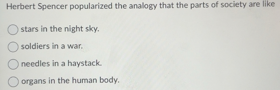 Solved: Herbert Spencer popularized the analogy that the parts of ...