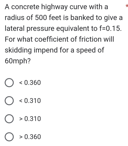 Solved: A concrete highway curve with a radius of 500 feet is banked to ...