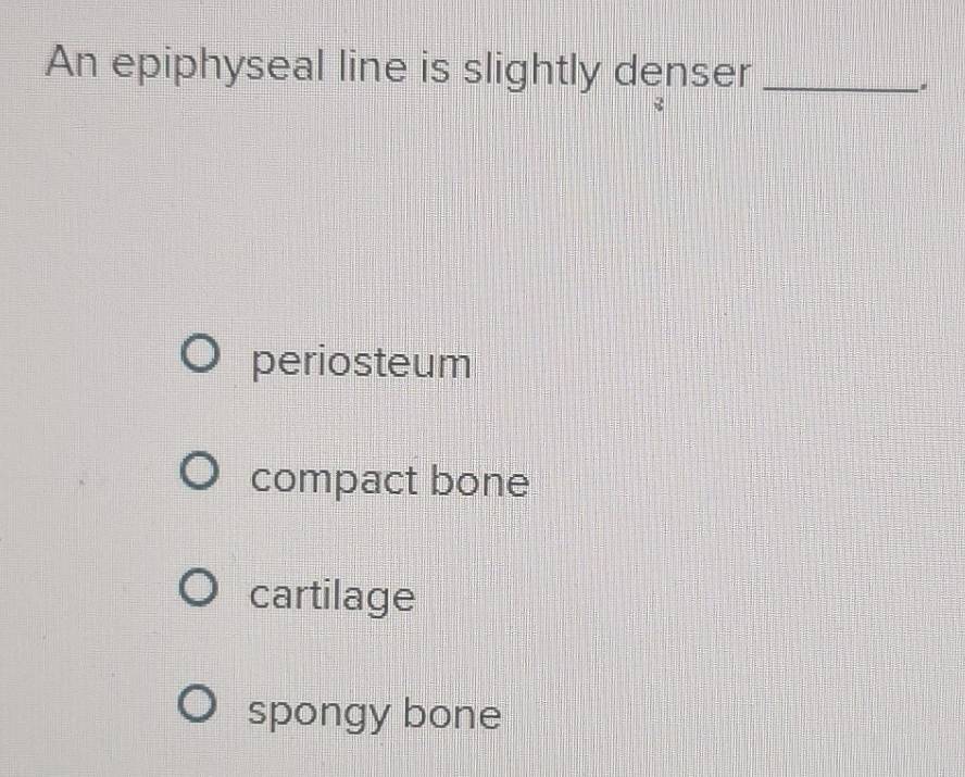 Solved: An epiphyseal line is slightly denser_ periosteum compact bone ...