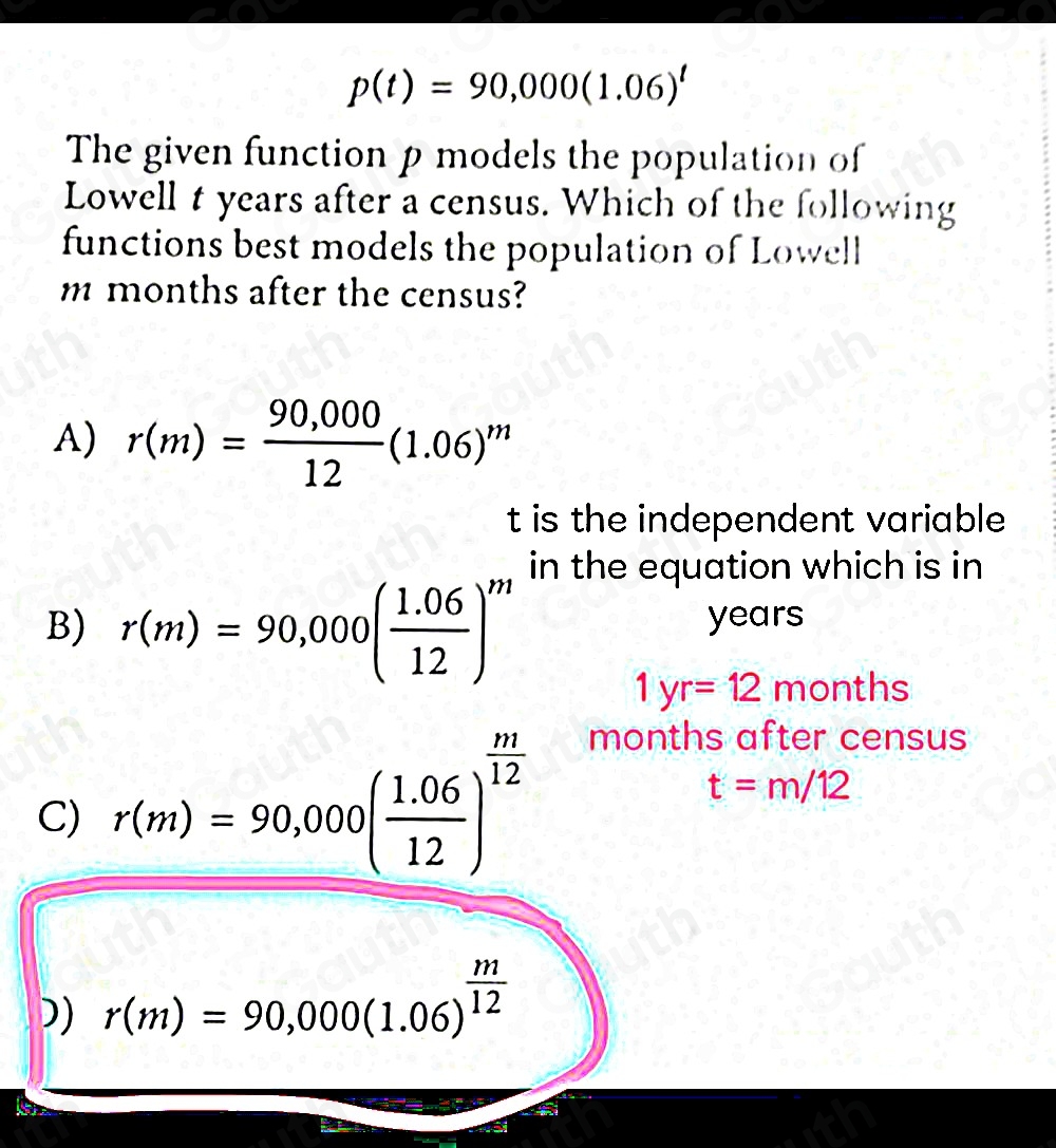 Solved: p(t)=90,000(1.06)^t The given function p models the population ...