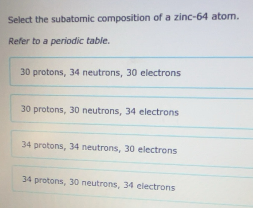 Solved: Select the subatomic composition of a zinc- 64 atom. Refer to a ...