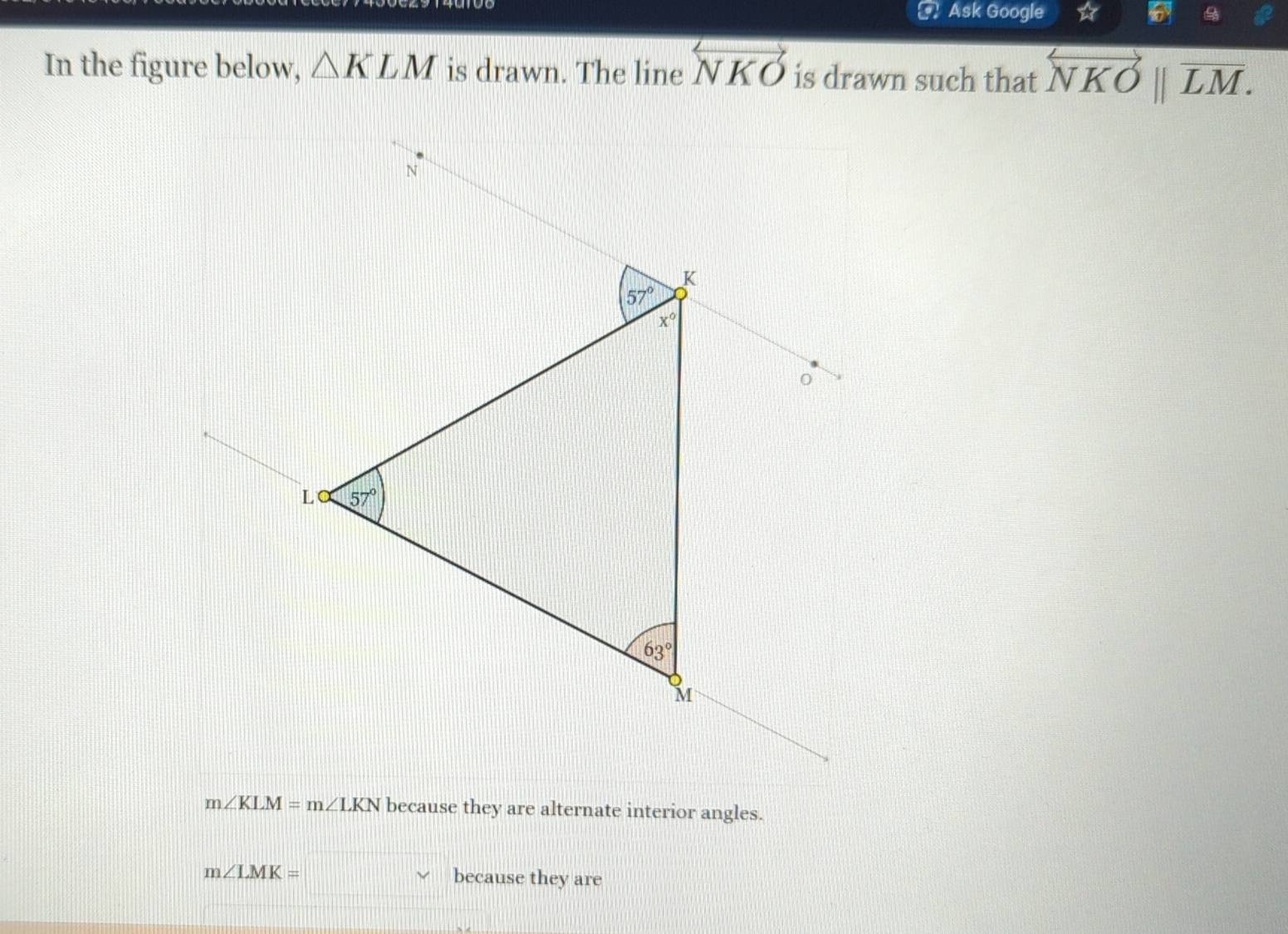 Gelöst:Ask Google ☆ In the figure below, KLM is drawn. The line ...