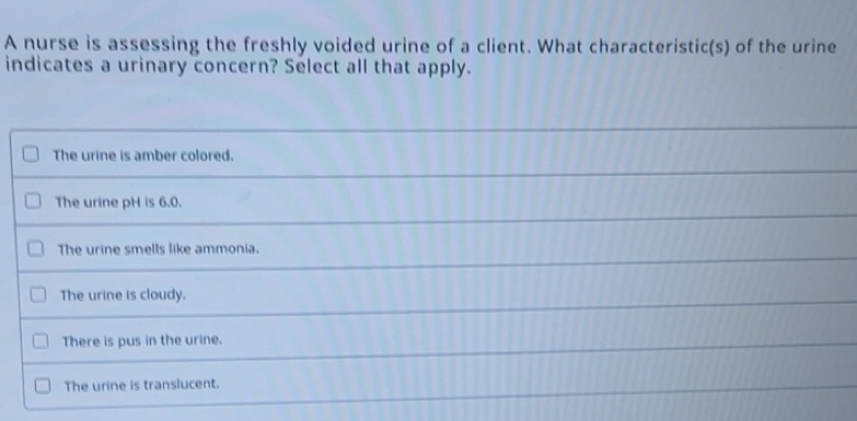 Solved: A nurse is assessing the freshly voided urine of a client. What ...