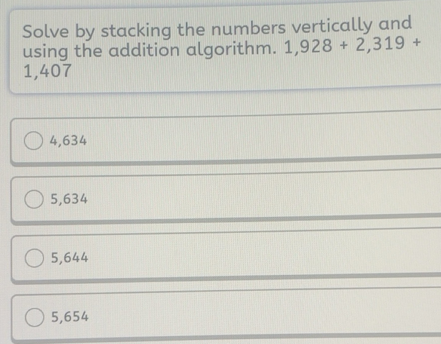 Solved: Solve by stacking the numbers vertically and using the addition ...