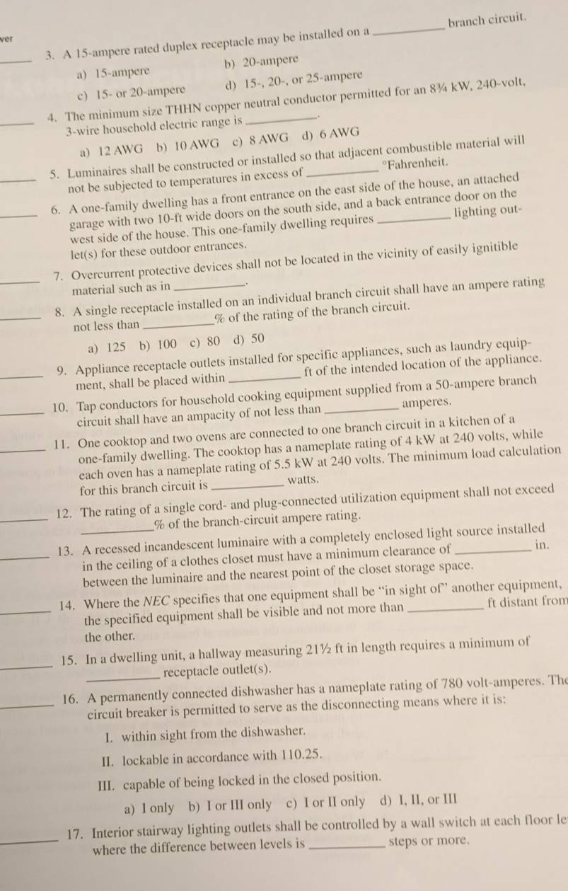 Solved: A 15-ampere rated duplex receptacle may be installed on a ...