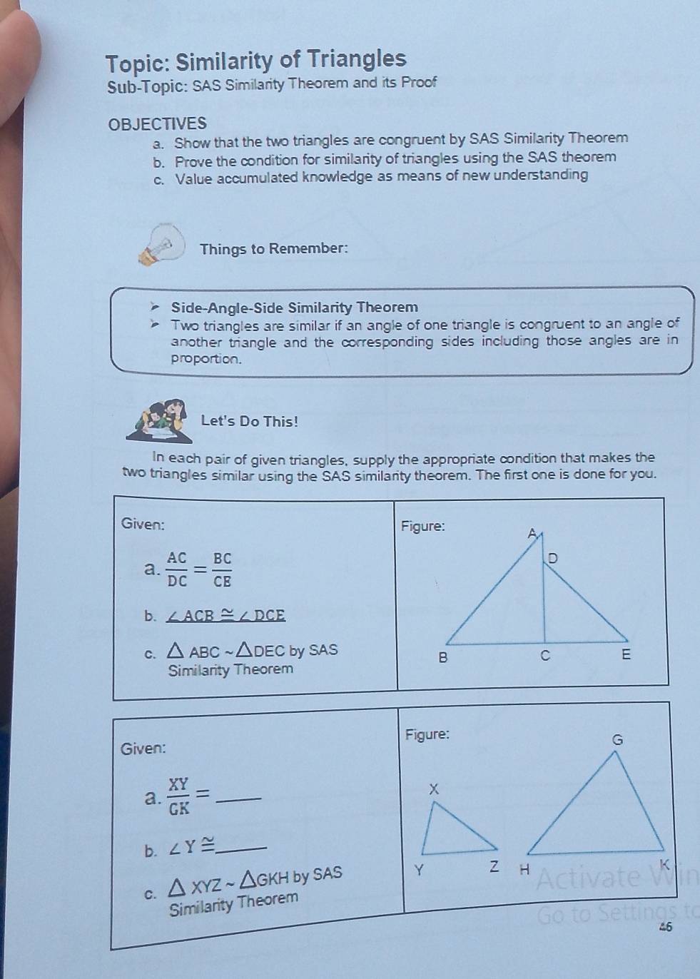 Solved: Topic: Similarity of Triangles Sub-Topic: SAS Similarity ...