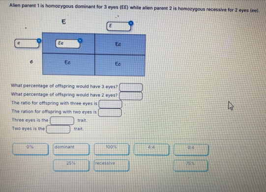 Solved: Alien parent 1 is homozygous dominant for 3 eyes (EE) while ...