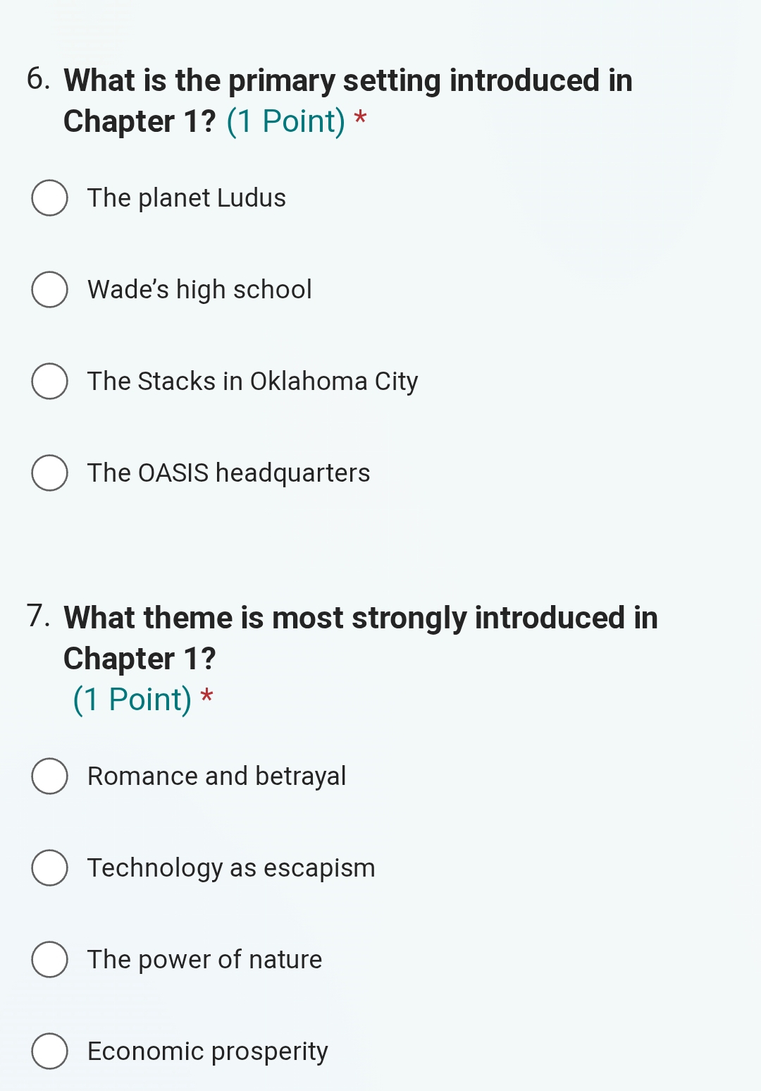 Solved: What is the primary setting introduced in Chapter 1? (1 Point ...