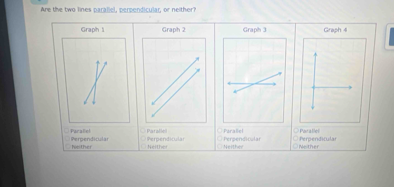 Solved: Are the two lines parallel, perpendicular, or neither? Graph 4 ...