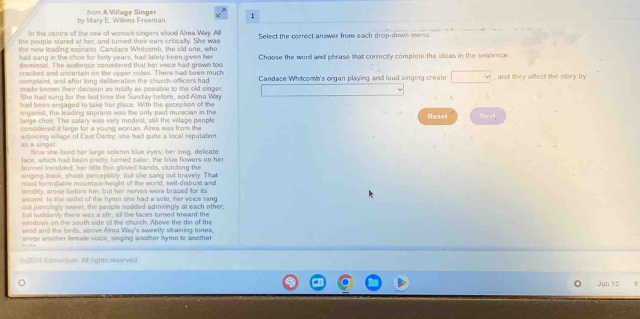 Solved: from A Village Singer by Mary E. Wilkins Freeman 1 In the ...