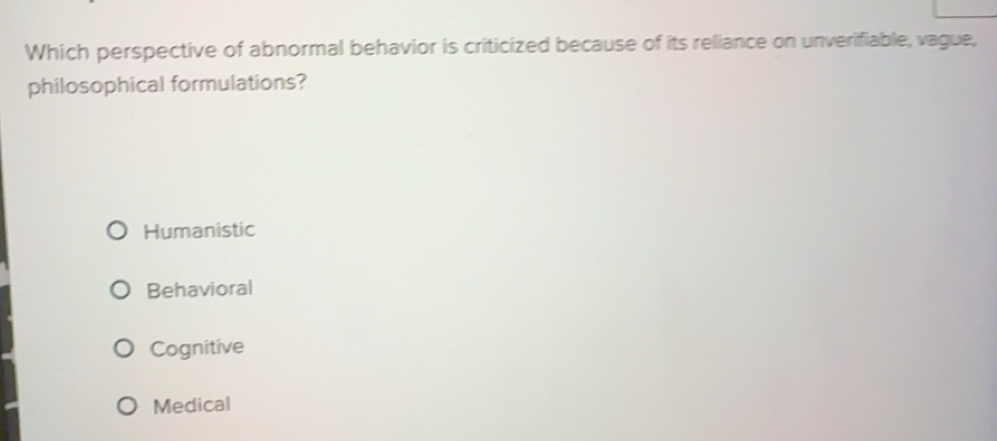 Solved: Which perspective of abnormal behavior is criticized because of ...