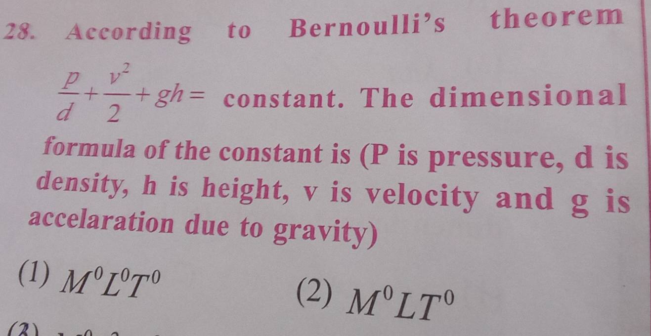 Solved: According to Bernoulli’s theorem p/d + v^2/2 +gh= constant. The ...