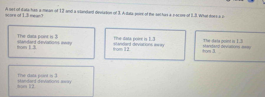 Solved: A set of data has a mean of 12 and a standard deviation of 3. A ...