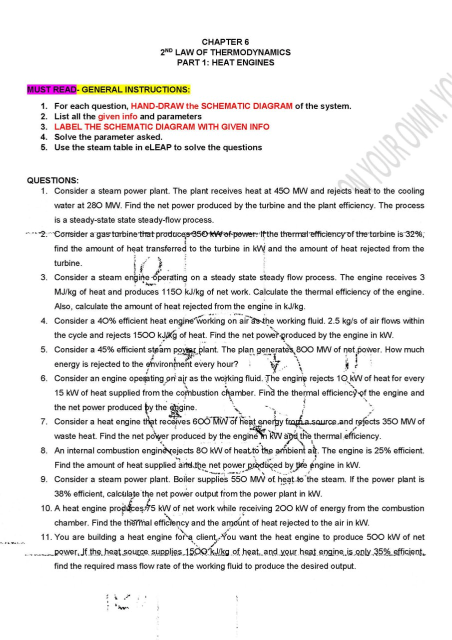 Selesai:CHAPTER 6 2^(ND) LAW OF THERMODYNAMICS PART 1: HEAT ENGINES MUST READ- GENERAL INSTRUCTION
