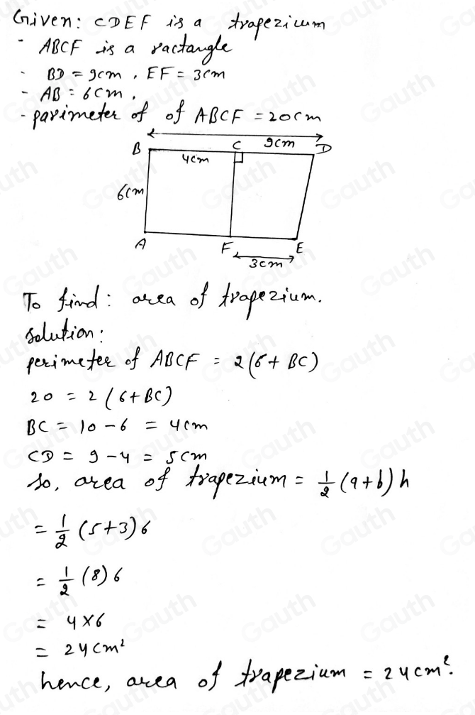 Solved: In the diagram shown, CDEF is a trapezium, ABCF is a rectangle, BD=9cm, AB=6cm, . EF=3cm ...