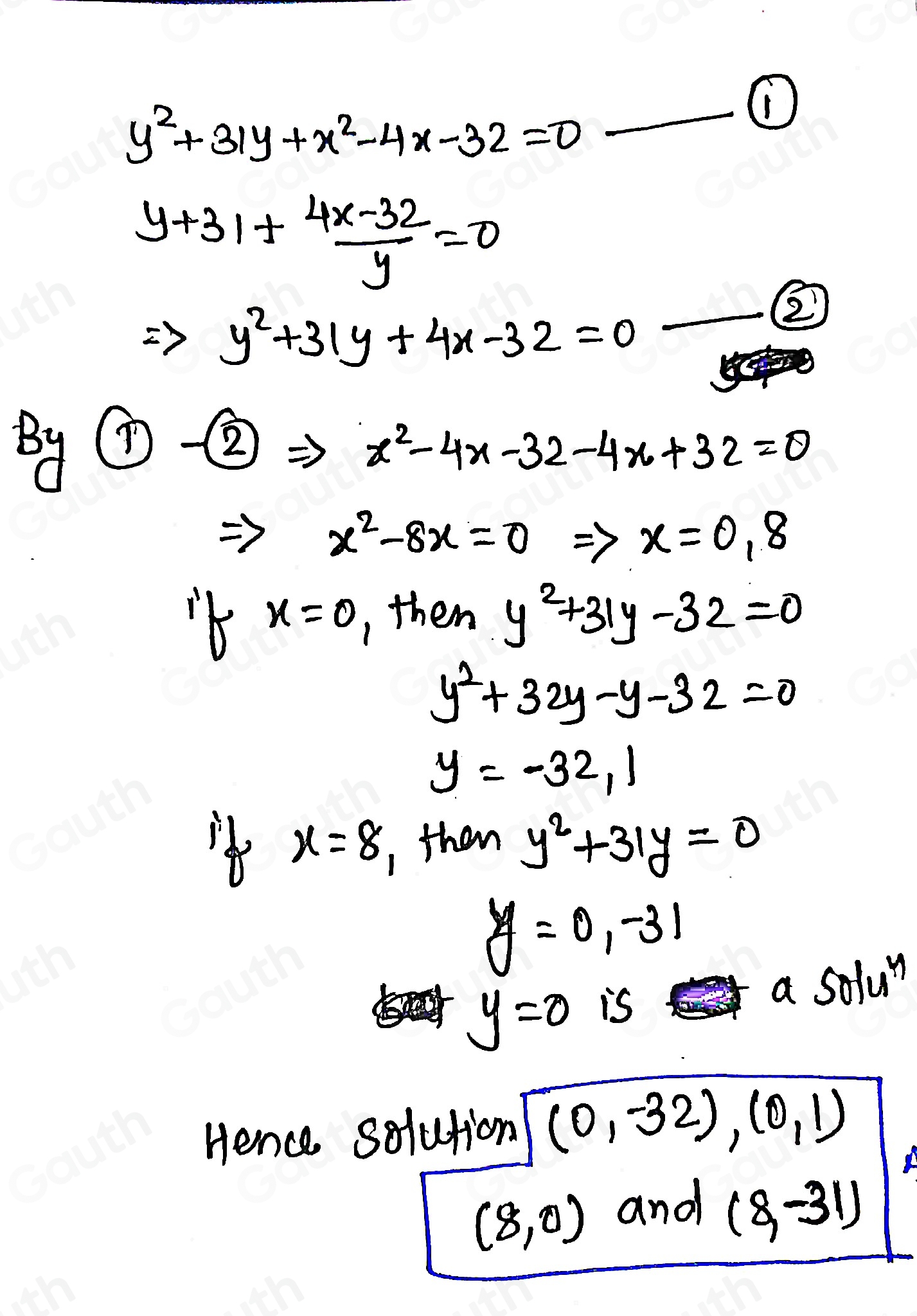 Solved: Solve the system. Use any method you wish. beginarrayl y^2+31y ...