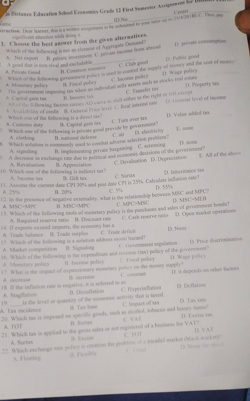 Résolu :Distance Education School Economics Grade 12 First Semester ...