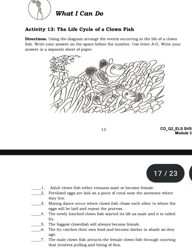 Solved: What I Can Do Activity 13: The Life Cycle of a Clown Fish ...