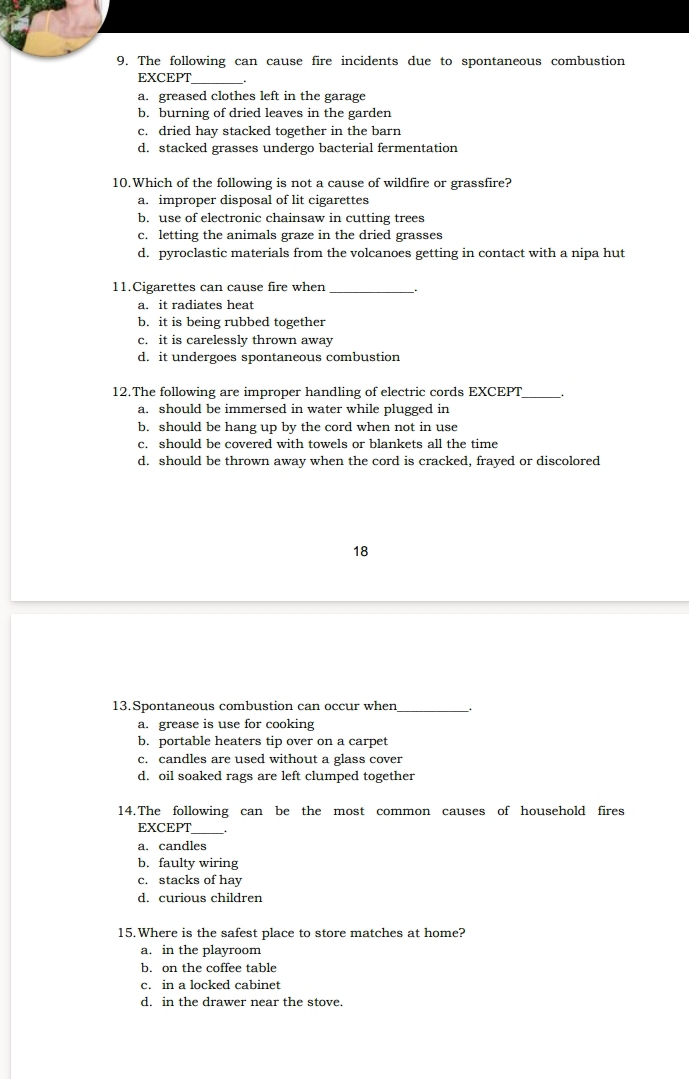 Solved: The following can cause fire incidents due to spontaneous ...
