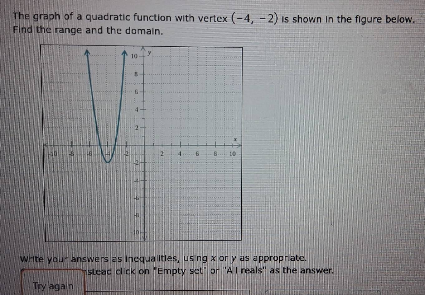 Solved: The graph of a quadratic function with vertex (-4,-2) is shown ...