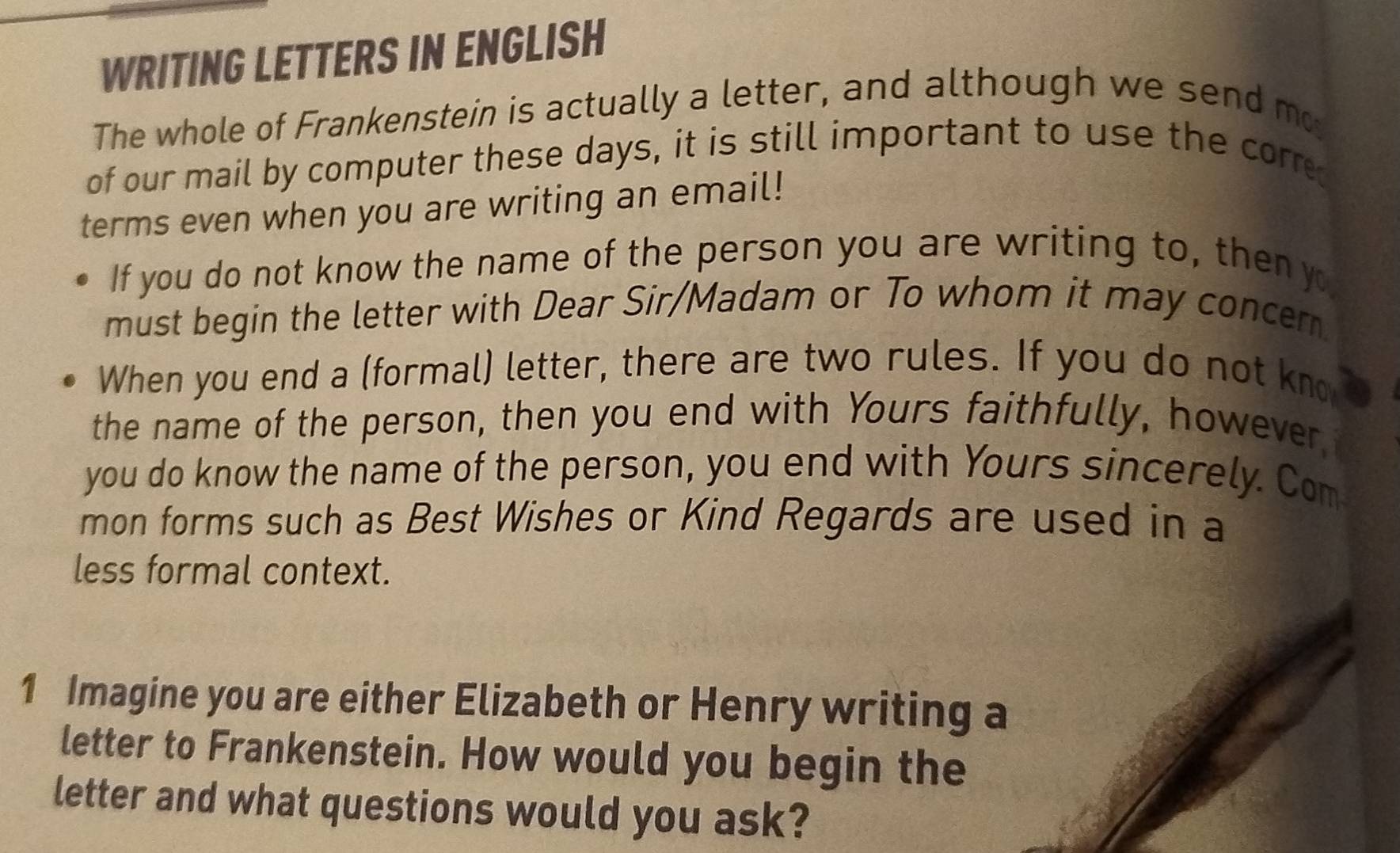 Risolto:WRITING LETTERS IN ENGLISH The whole of Frankenstein is ...