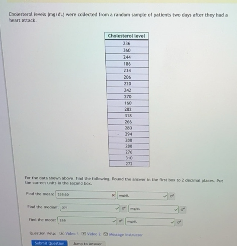 Solved: Cholesterol levels (mg/dL) were collected from a random sample ...