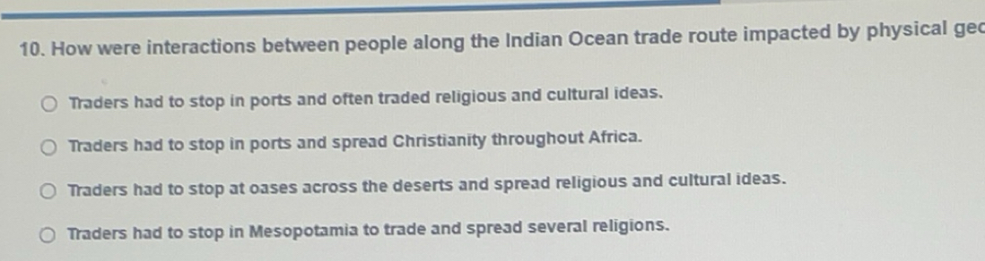 Solved: How were interactions between people along the Indian Ocean ...