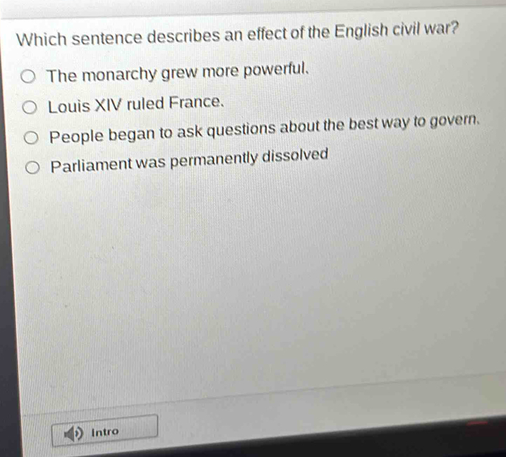 Solved: Which sentence describes an effect of the English civil war ...