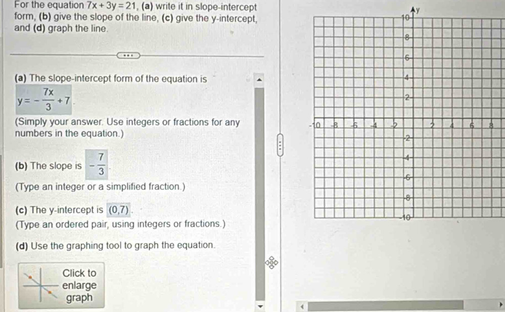 Solved: For the equation 7x+3y=21 , (a) write it in slope-intercept y ...
